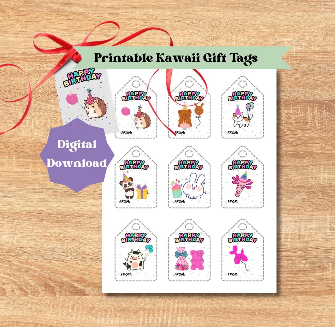 Printable Happy Birthday Gift Tags Kawaii Style 9 Party Tags, Instant ...
