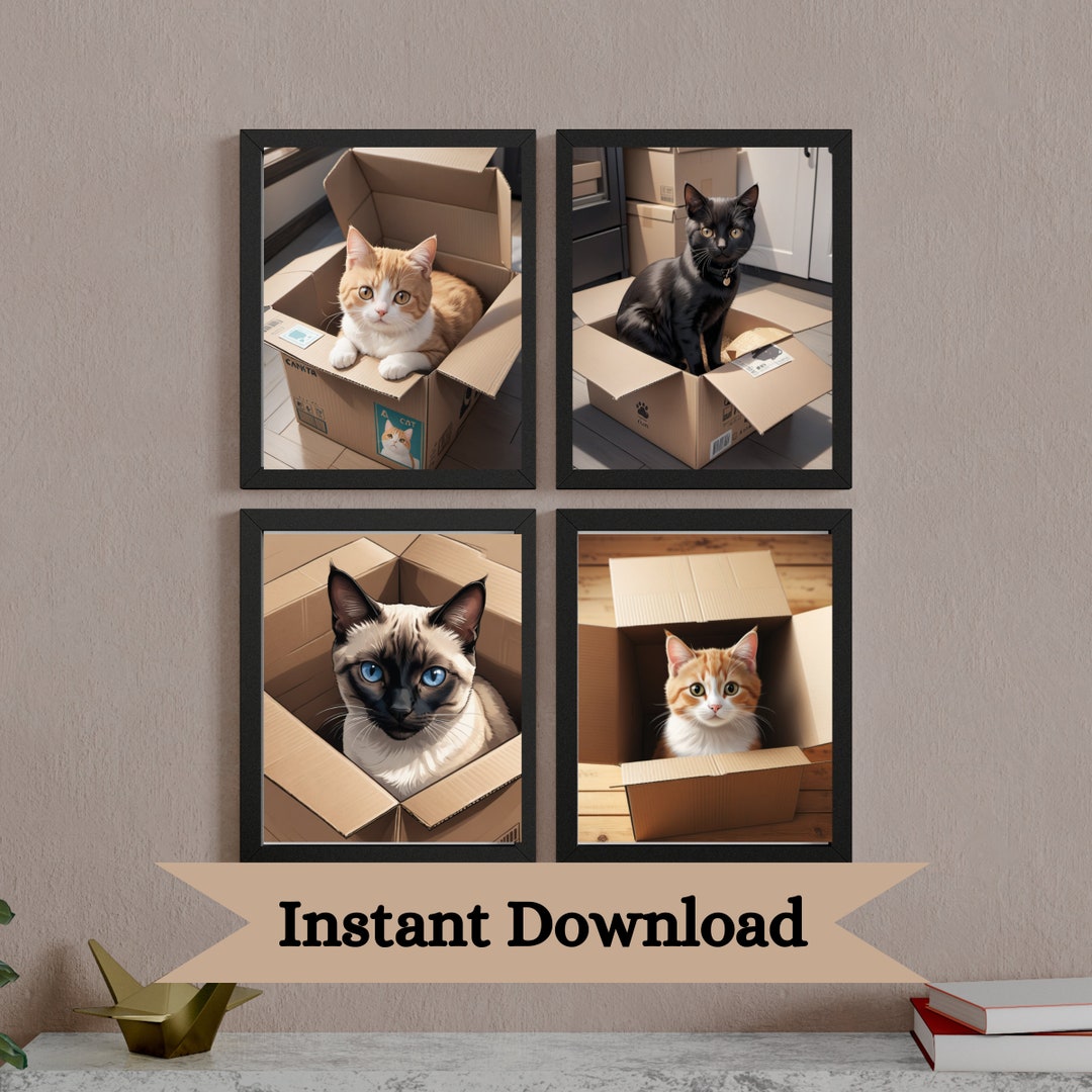 Set of 4 Cats in Carton Box Printable Wall Art, Cute Pet Lovers Gift ...