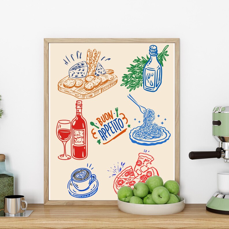 Italian Food Line Art Print: Mediterranean Kitchen Decor (digital ...