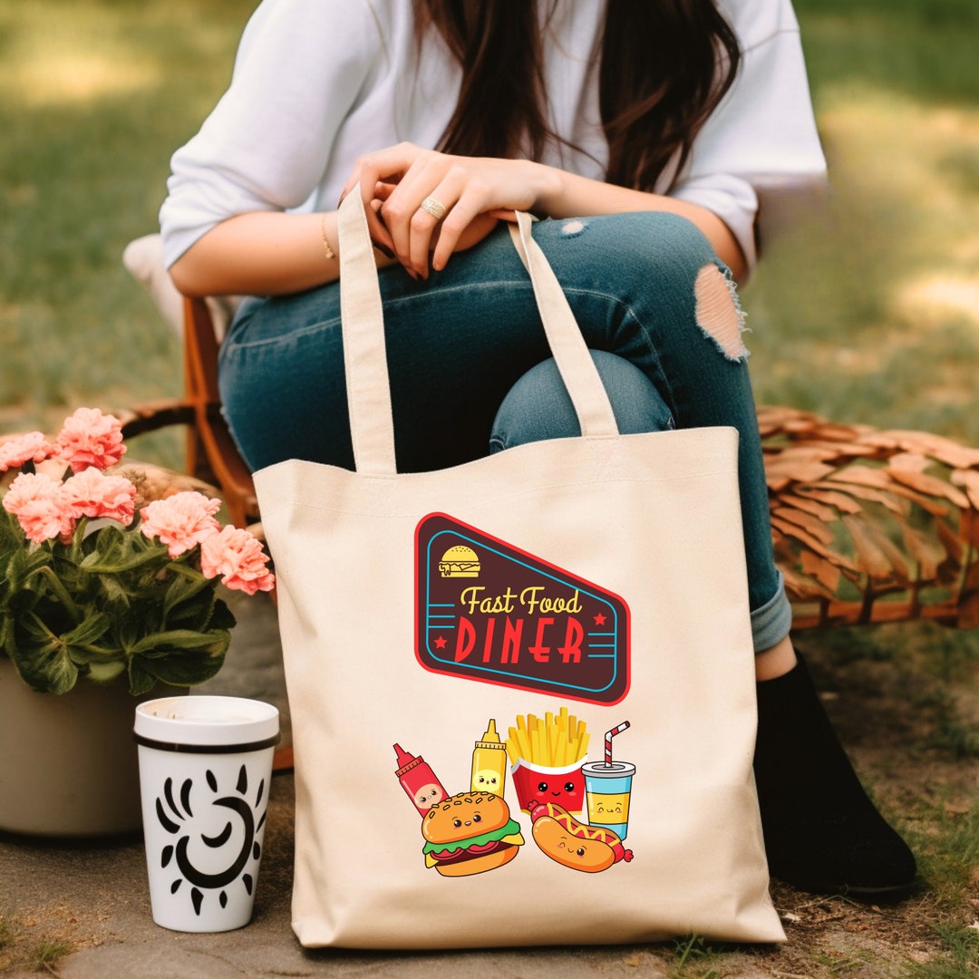 Fast Food Diner Retro Graphic Tote Bag, Junk Food Colorful Unique Bag ...