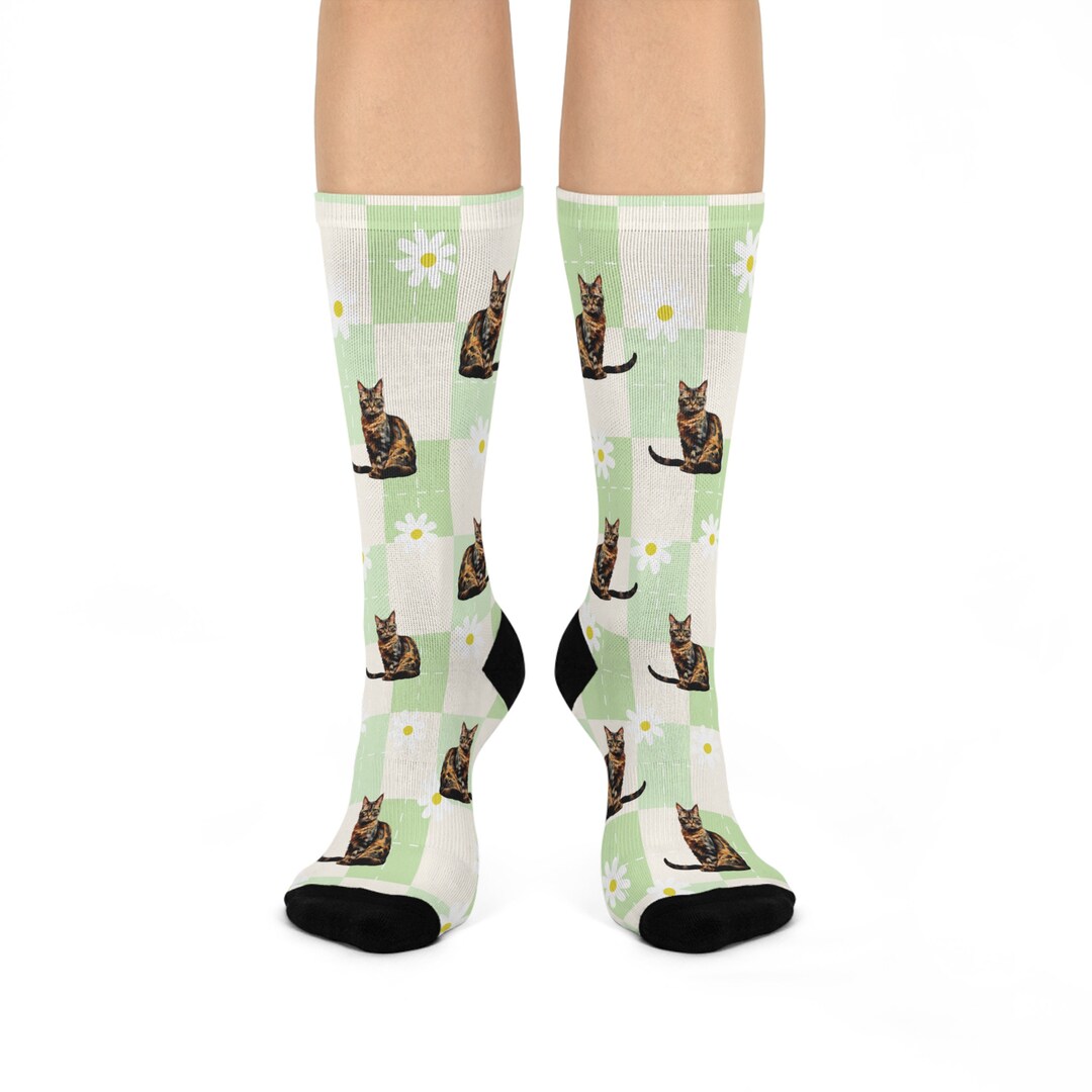 Tortoiseshell Cat Cushioned Crew Socks, Green Floral Socks for Cat ...
