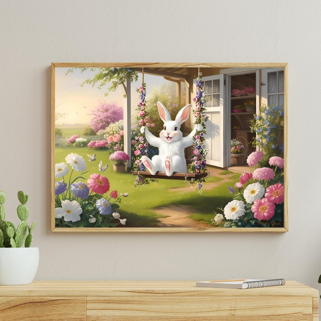 Cute Easter Bunny Print, Spring Floral Farmhouse Rabbit in Swing Wall ...