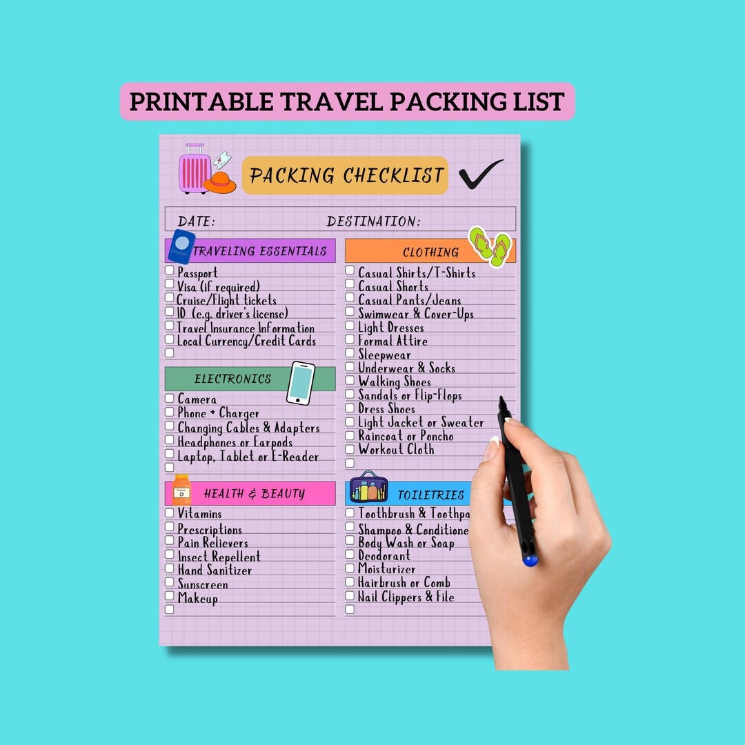 Travel Packing List Printable, Travel Checklist Planner, Trip Organizer ...