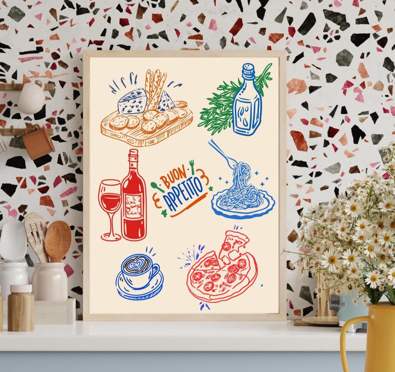 Italian Food Line Art Print: Mediterranean Kitchen Decor (digital ...