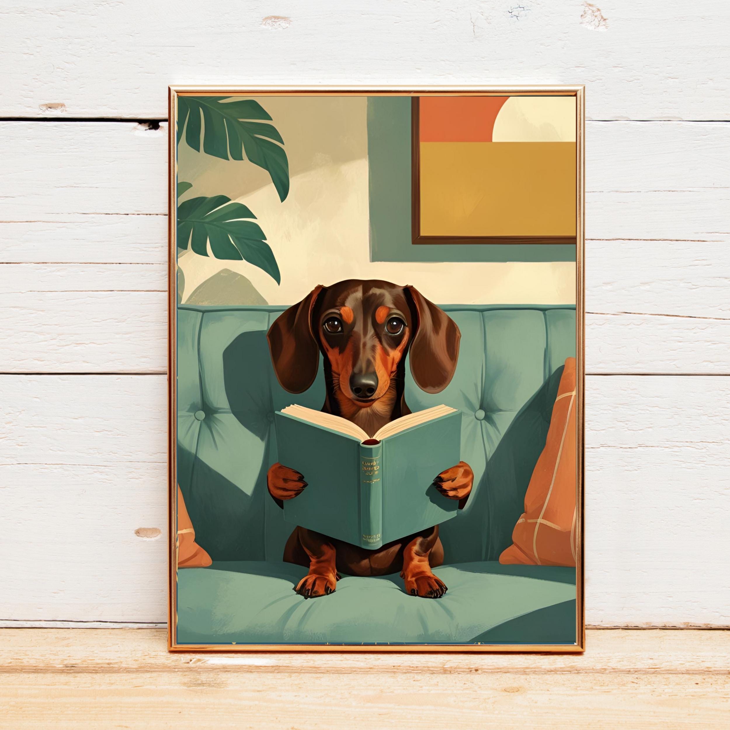 Dachshund Reading Poster, Weiner Dog Matte Poster for Animal Lovers ...
