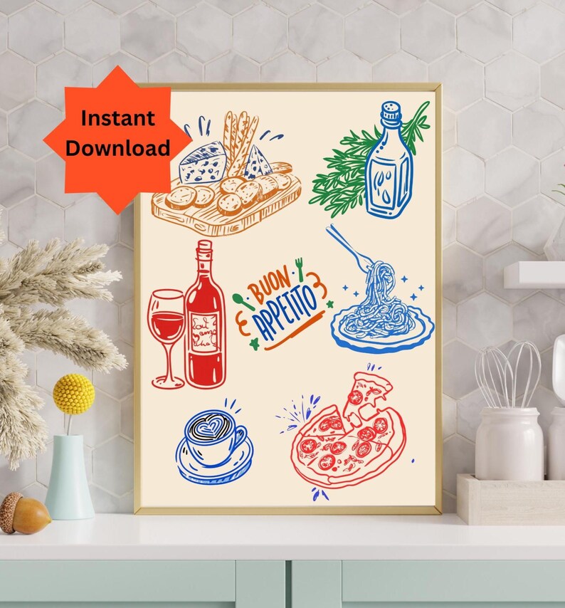 Italian Food Line Art Print: Mediterranean Kitchen Decor (digital ...