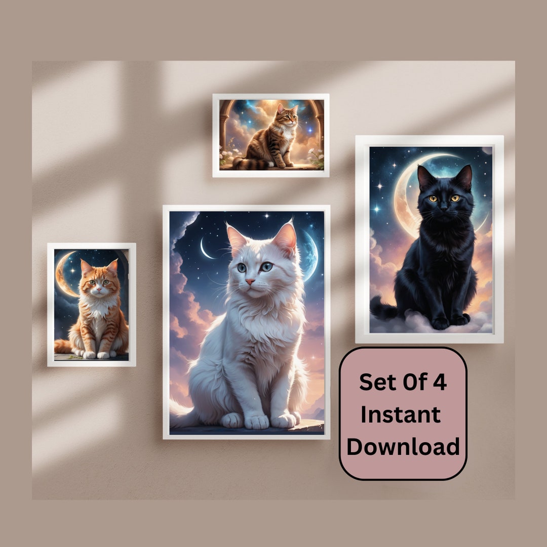 Set of 4 Celestial Cats Printable Wall Art Bundle, Moon Sky Cute Pet ...
