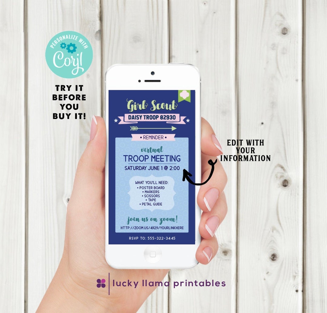 Virtual Daisy Girl Scout Meeting Invite or Reminder - Social Distancing ...