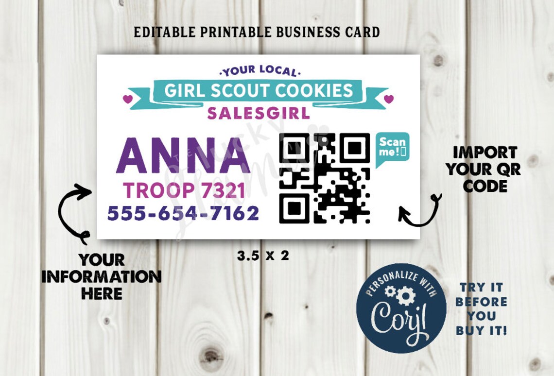 Editable Girl Scout Cookie Business Card QR Code Digital - Etsy