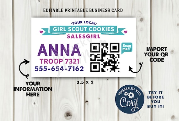 Editable Girl Scout Cookie Business Card QR Code Digital | Etsy