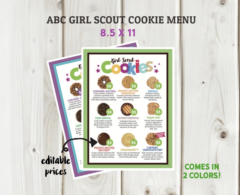 ABC Girl Scout Cookie Menu (all 9 Cookies) Editable Prices - Instant ...