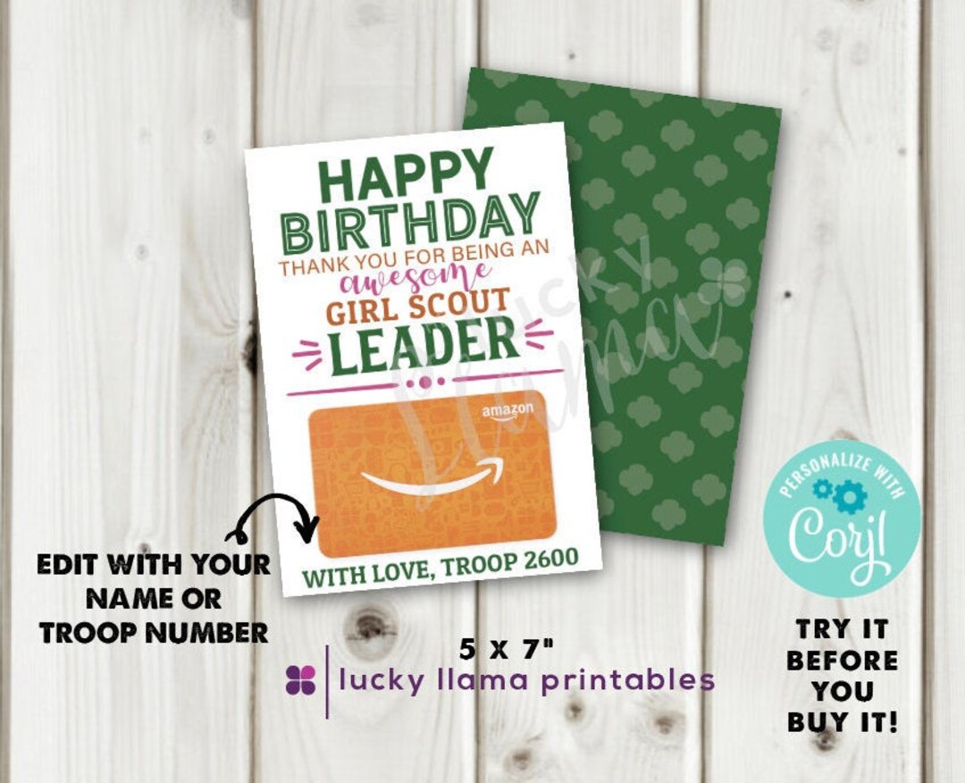 Editable Birthday & Thank You Card for Girl Scout Leader Instant ...