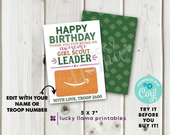Editable Birthday Card for Girl Scout Instant Download | Etsy