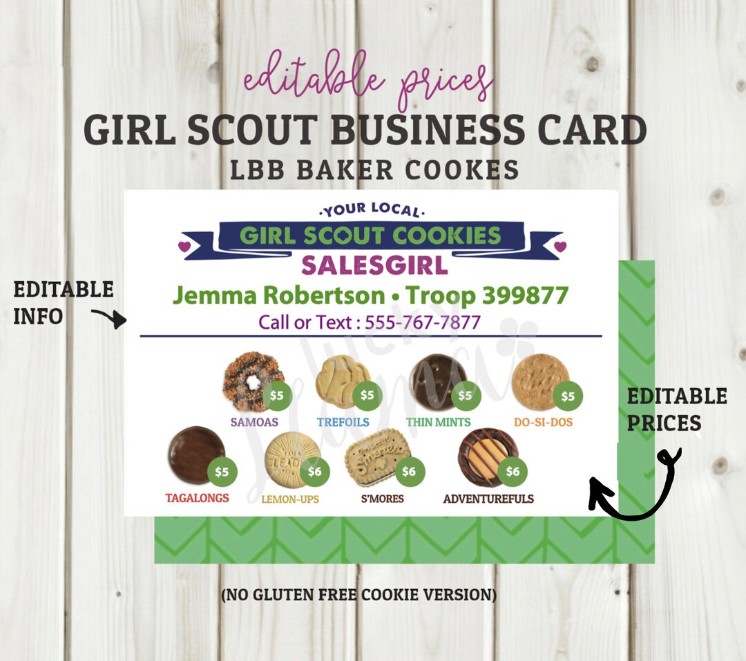 Editable LBB Girl Scout Cookie Business Cards 8 Cookies No GF Cookie ...