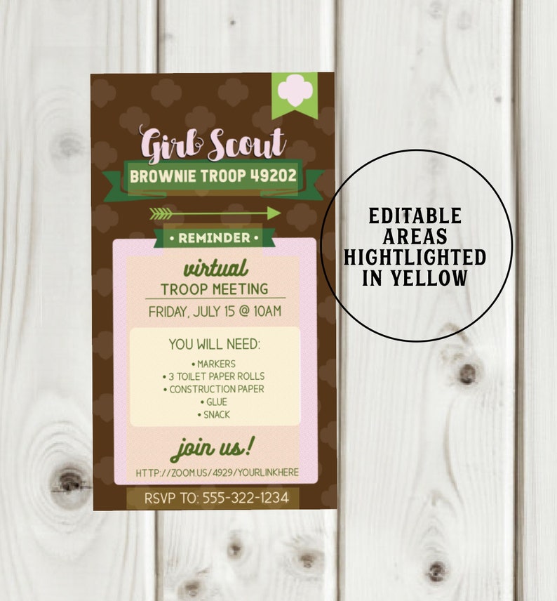 Virtual Brownie Girl Scout Meeting Invite or Reminder Social - Etsy