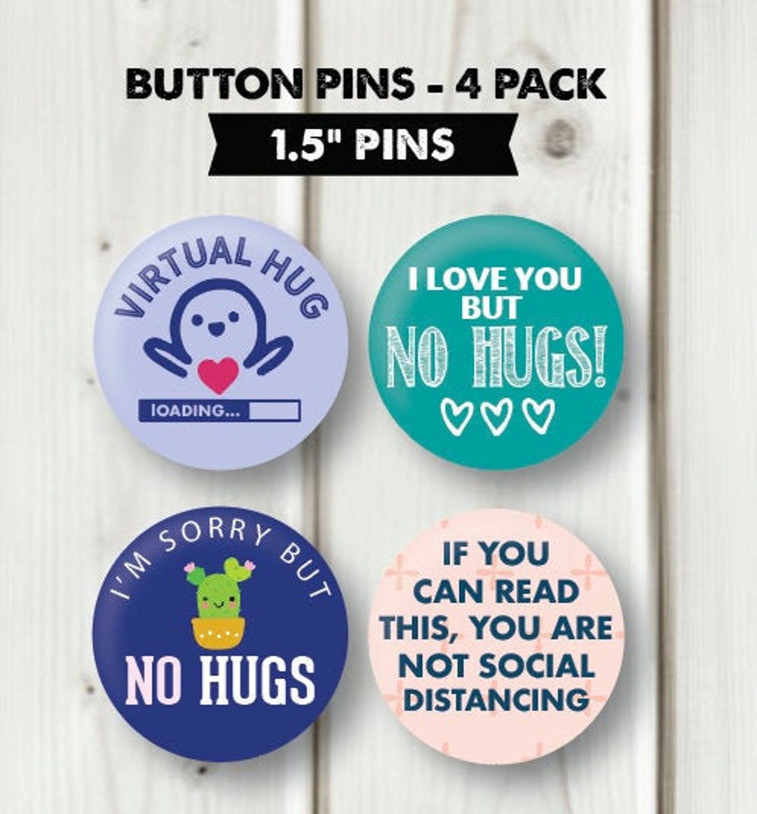Social Distancing Awareness Buttons No Hugs Pin, Virtual Hug Pin Button ...