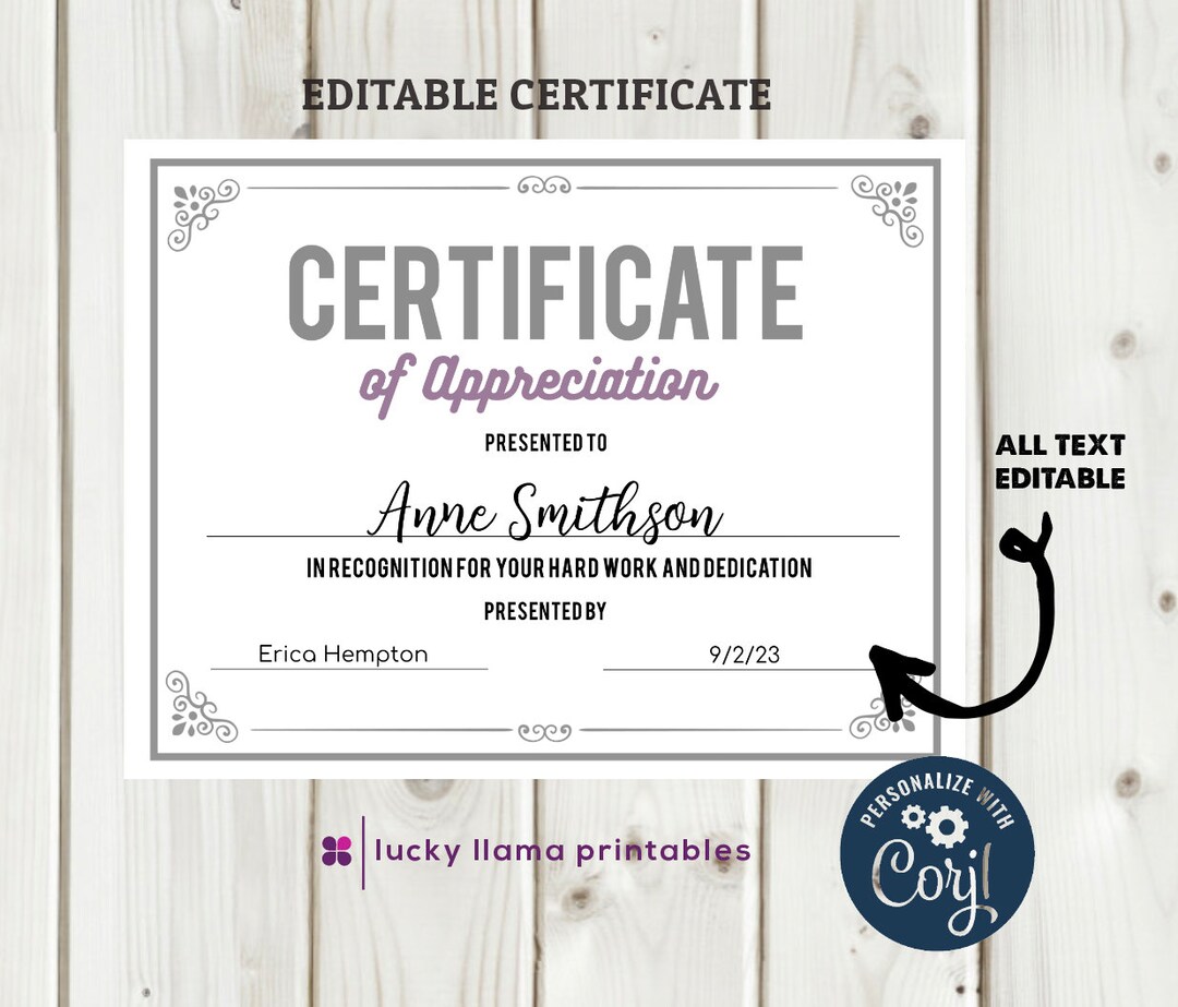 EDITABLE Certificate/award Printable- Editable Instant Download - Etsy
