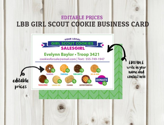 Editable LBB Girl Scout Cookie Business Cards 8 Cookies No | Etsy