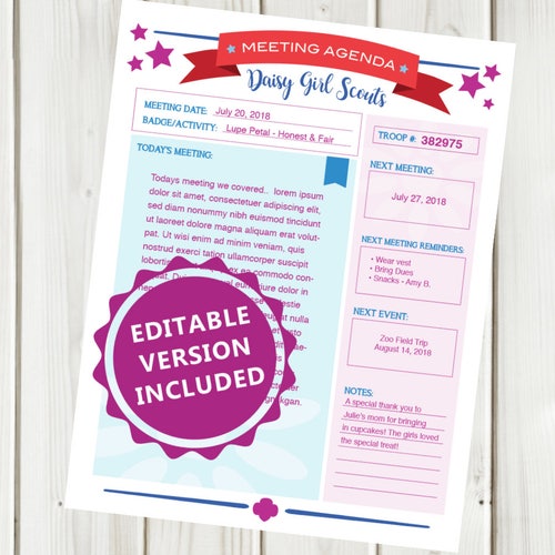 Editable Printable Daisy Girl Scout Meeting Agenda | Etsy