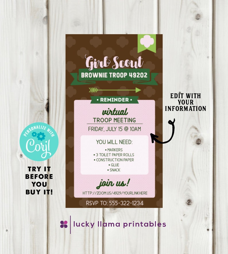 Virtual Brownie Girl Scout Meeting Invite or Reminder Social - Etsy