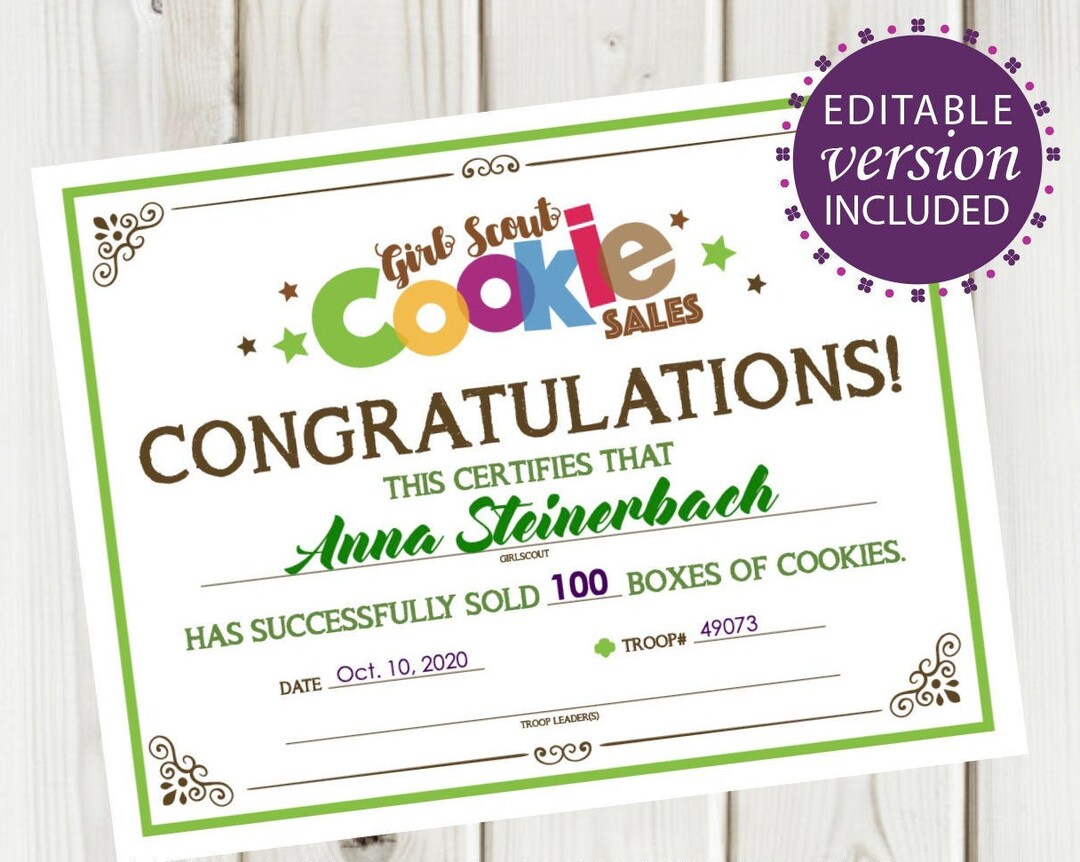 Editable Girl Scout Cookie Sales Congratulations Certificate - Etsy