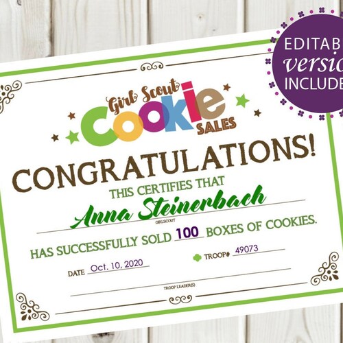 Editable Girl Scout Cookie Sales Congratulations Certificate - Etsy