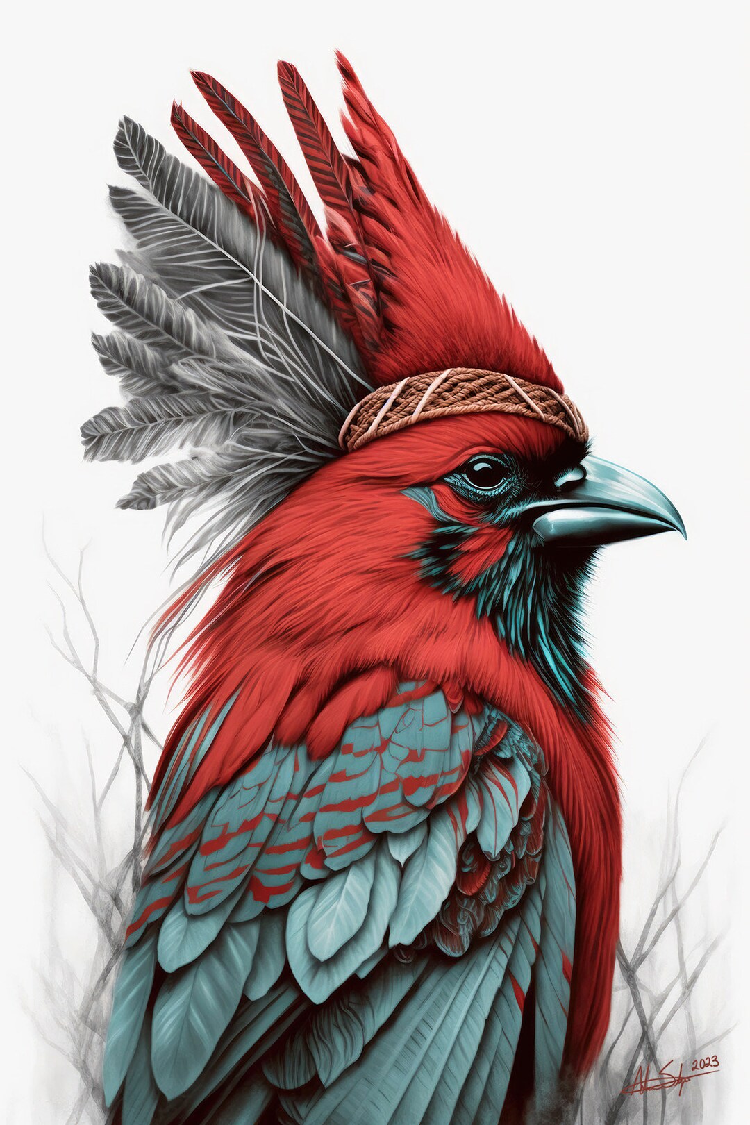 Red Cardinal Chief Native American Art Animal Drawings Boho Wall Art ...
