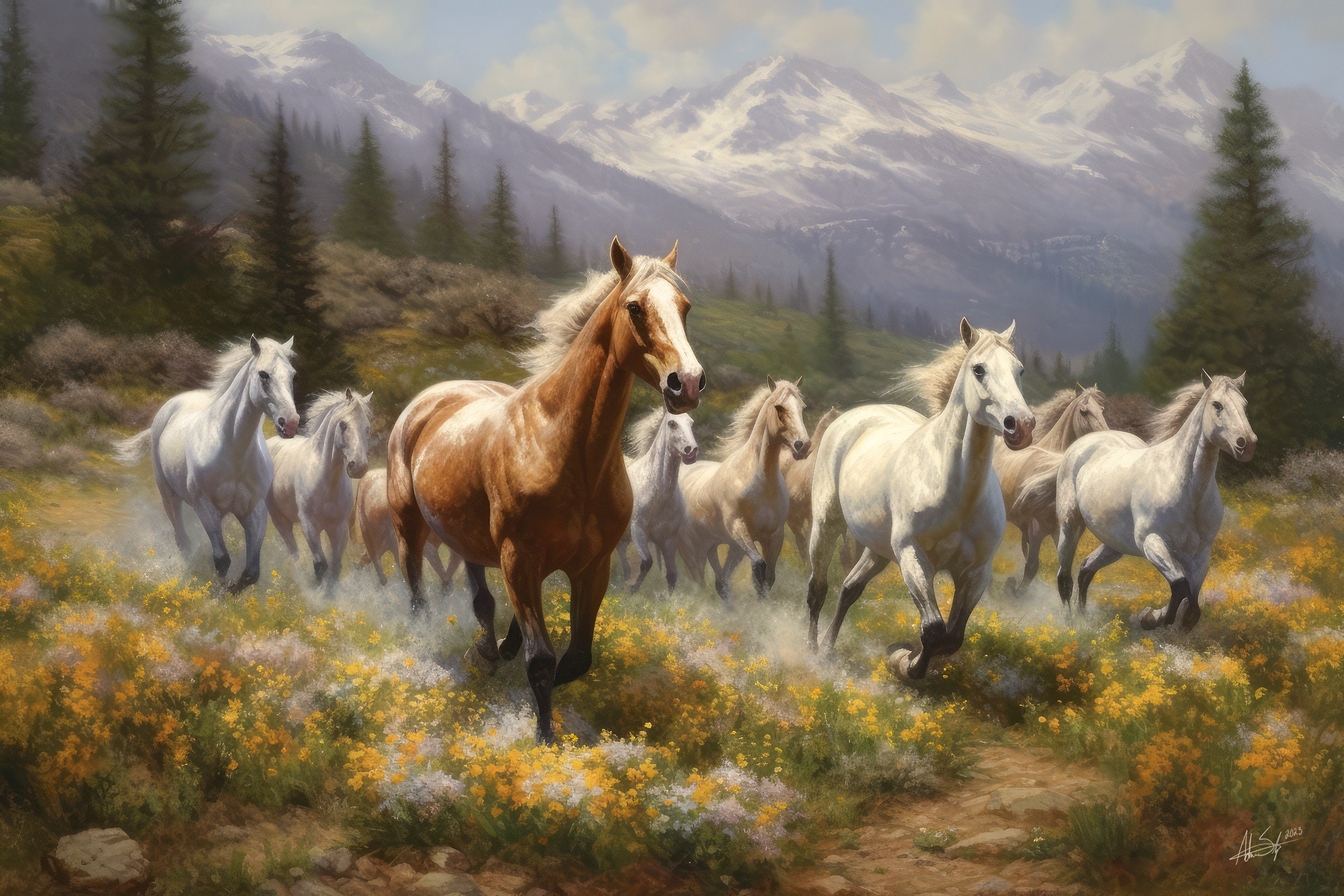 Free Roam Horse Art Wild Horse Painting Running Horses Floral Meadow Free Roam Horse Art Wild Horse Painting Running Horses Floral Meadow