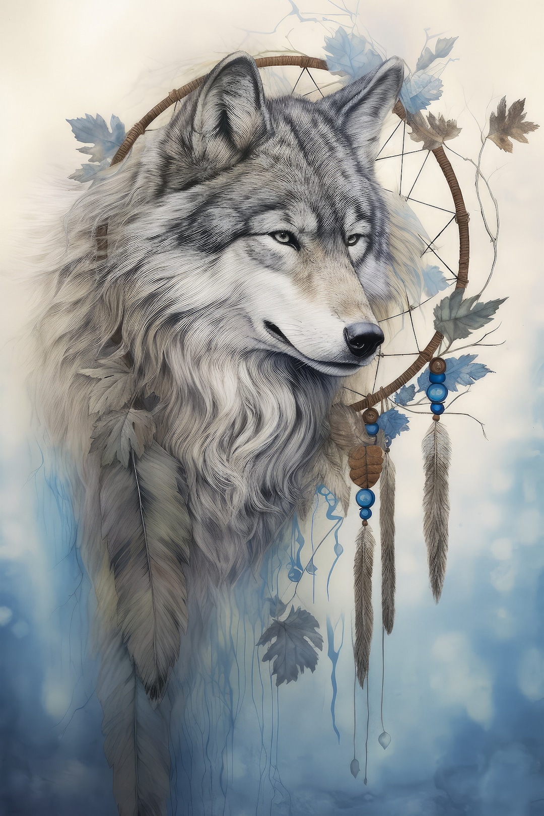 Native American Gray Wolf Animal Art Dreamcatcher Wolf Picture ...