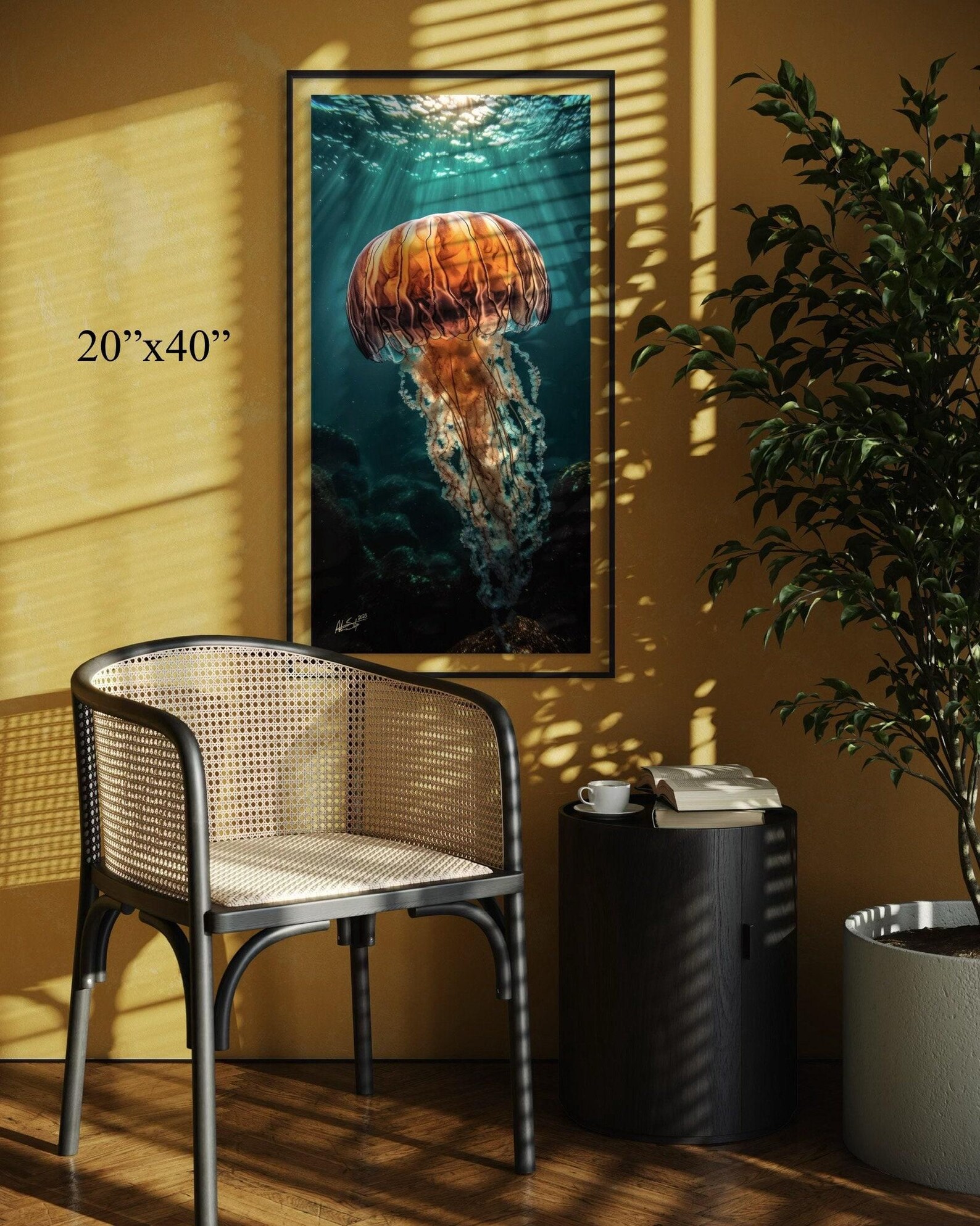 Golden Jellyfish Illuminating the Emerald Abyss: Ocean Aquatic Art - Etsy