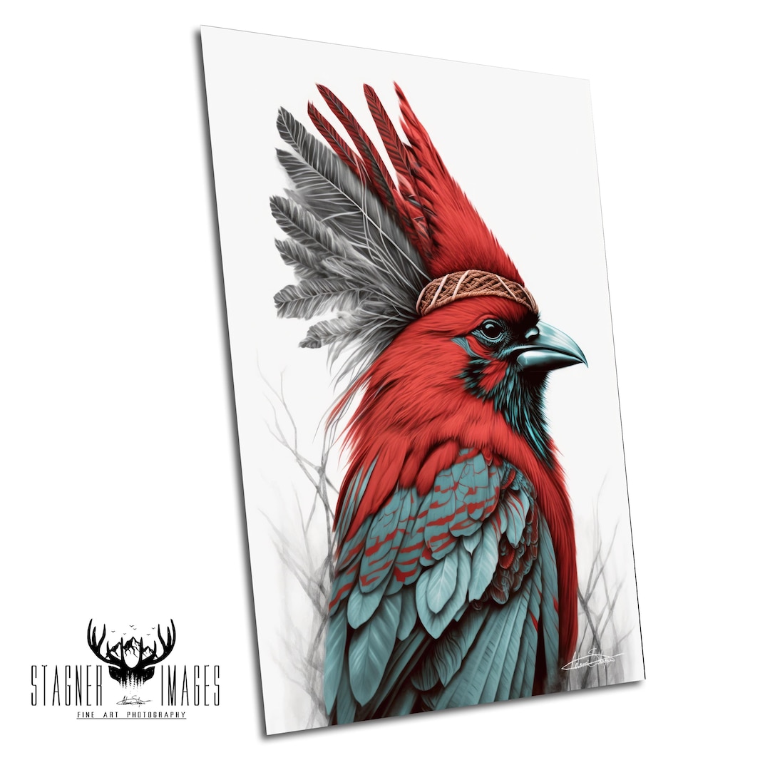 Red Cardinal Chief | Native American Art | Animal Drawings | Boho Wall ...