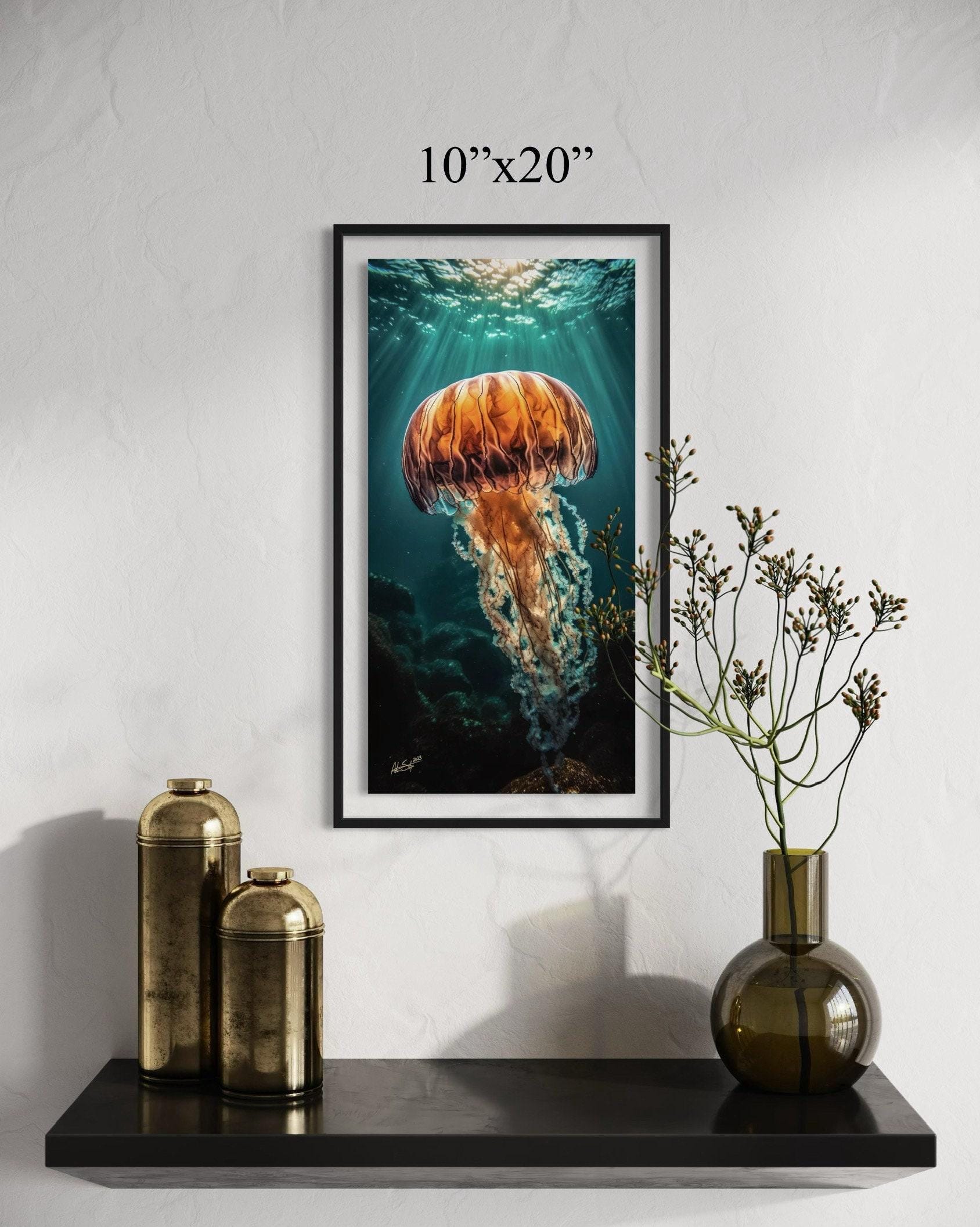 Golden Jellyfish Illuminating the Emerald Abyss: Ocean Aquatic Art - Etsy