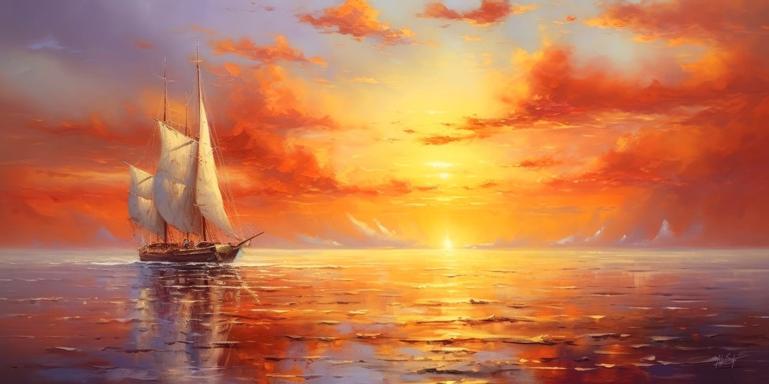Horizon Voyage Sunset Abstract Art Ship Painting Ocean Landscape ...