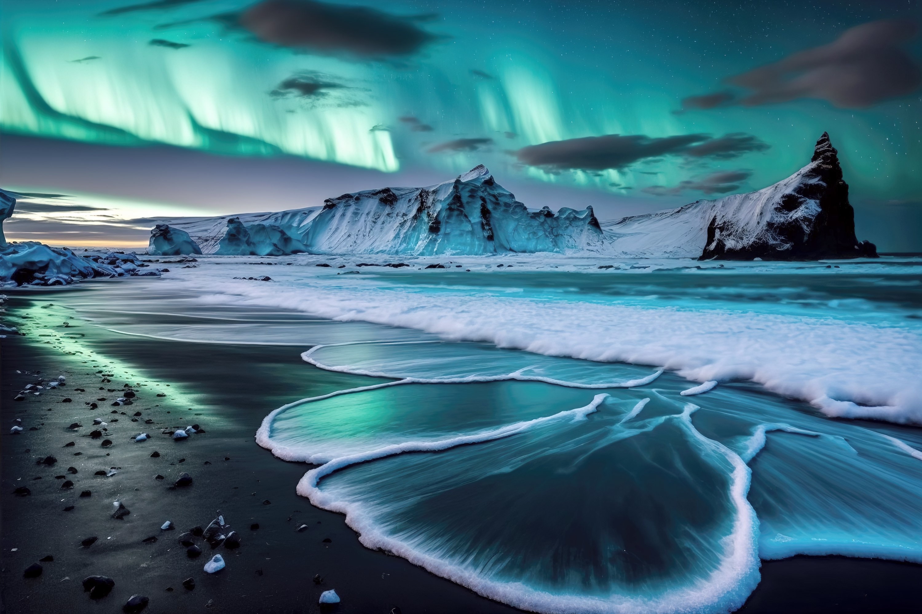 Northern Lights Bay Black Sand Beach Aurora Borealis Digital Painting ...