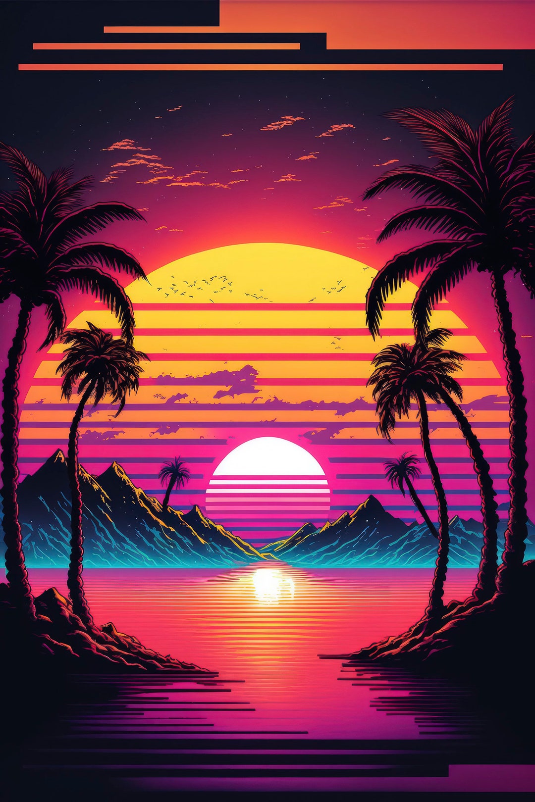 West Coast Synthwave 1980s Retro Style Neon Sunset California Retrowave Art Modern Wall Art ...