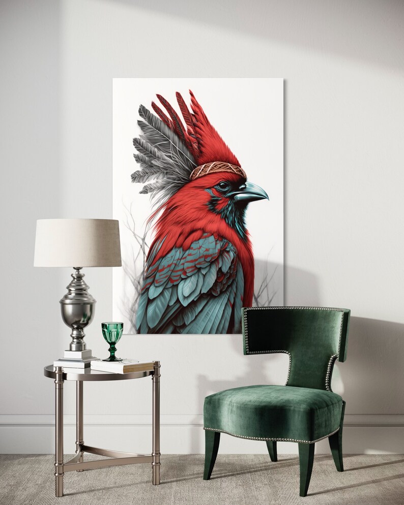 Red Cardinal Chief Native American Art Animal Drawings Boho Wall Art ...