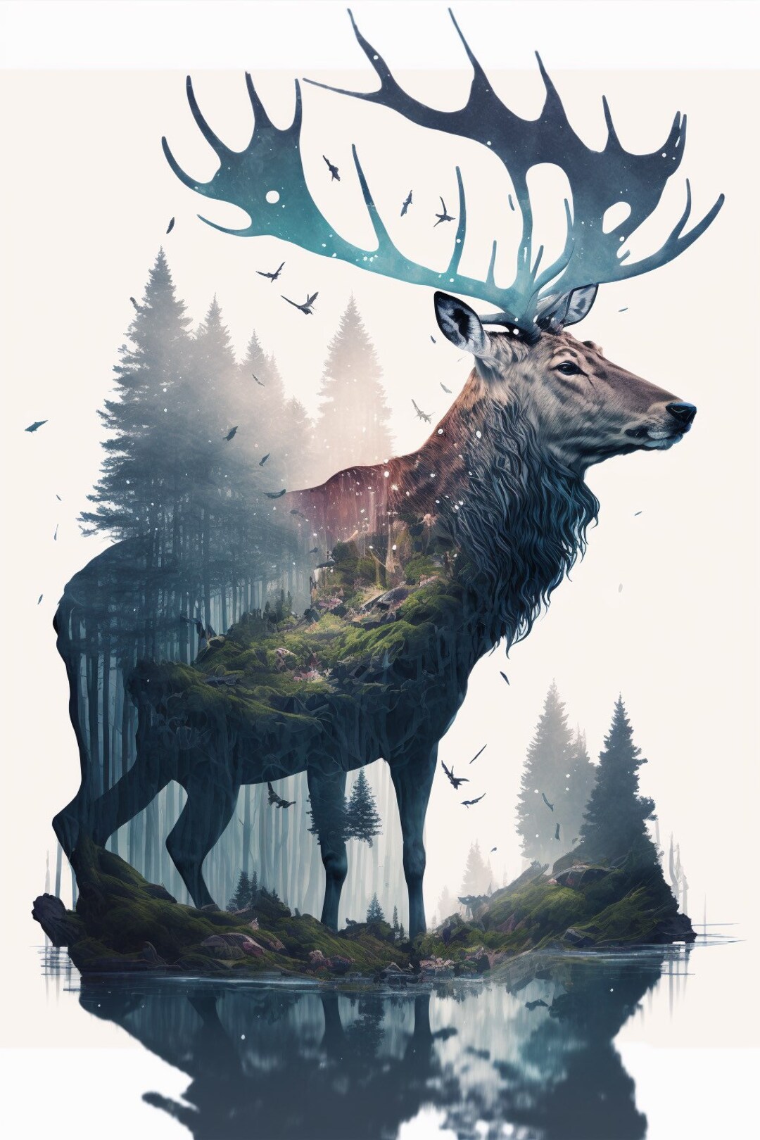 Deer Forest Double Exposure Art Nature Decor Modern Wall Art Canvas ...