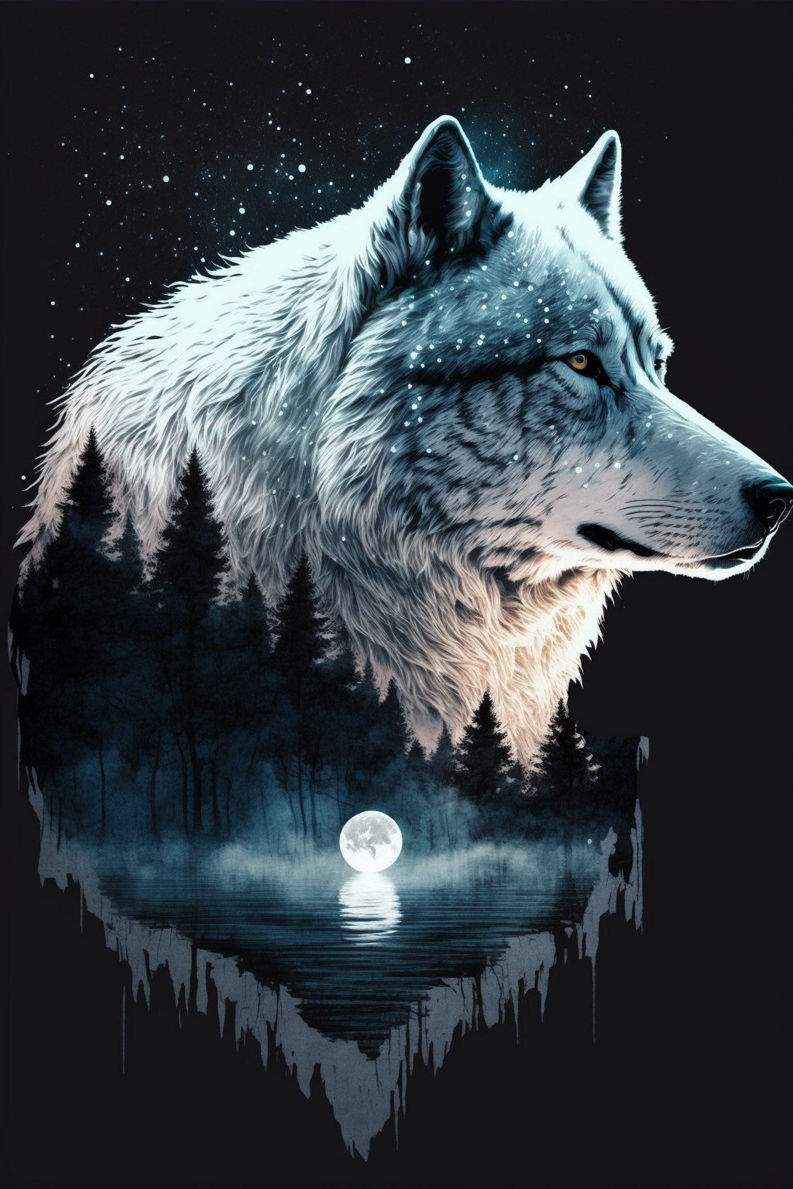 Wolf in the Night Double Exposure Aurora Borealis Nature Decor Modern ...