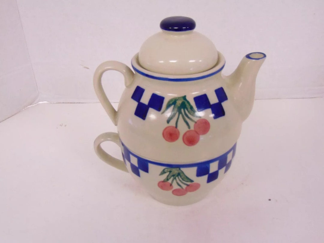 VTG Hand Painted Stackable Matching Teapot and Cup Cherries & Checkers ...