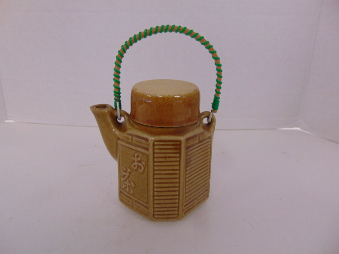 Vintage Sake/saki Tea Pot Ceramic Pottery 4" Tall Wicker Handle Lid Cup ...