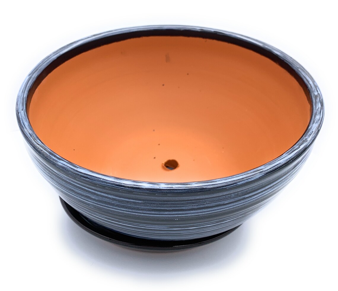 Glazed Ceramic Shallow Flower Pot With Saucer Black Round - Etsy UK