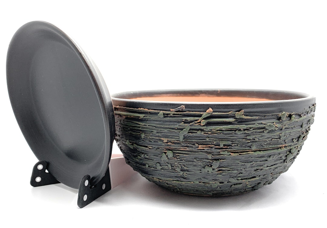 Glazed Ceramic Shallow Flower Pot With Saucer Round Terracotta With ...