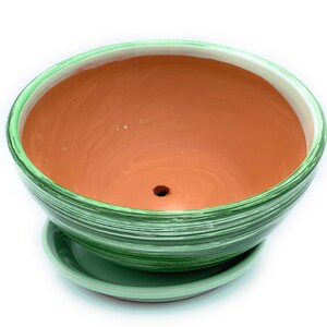 Glazed Ceramic Shallow Flower Pot With Saucer Green Round Terracotta ...
