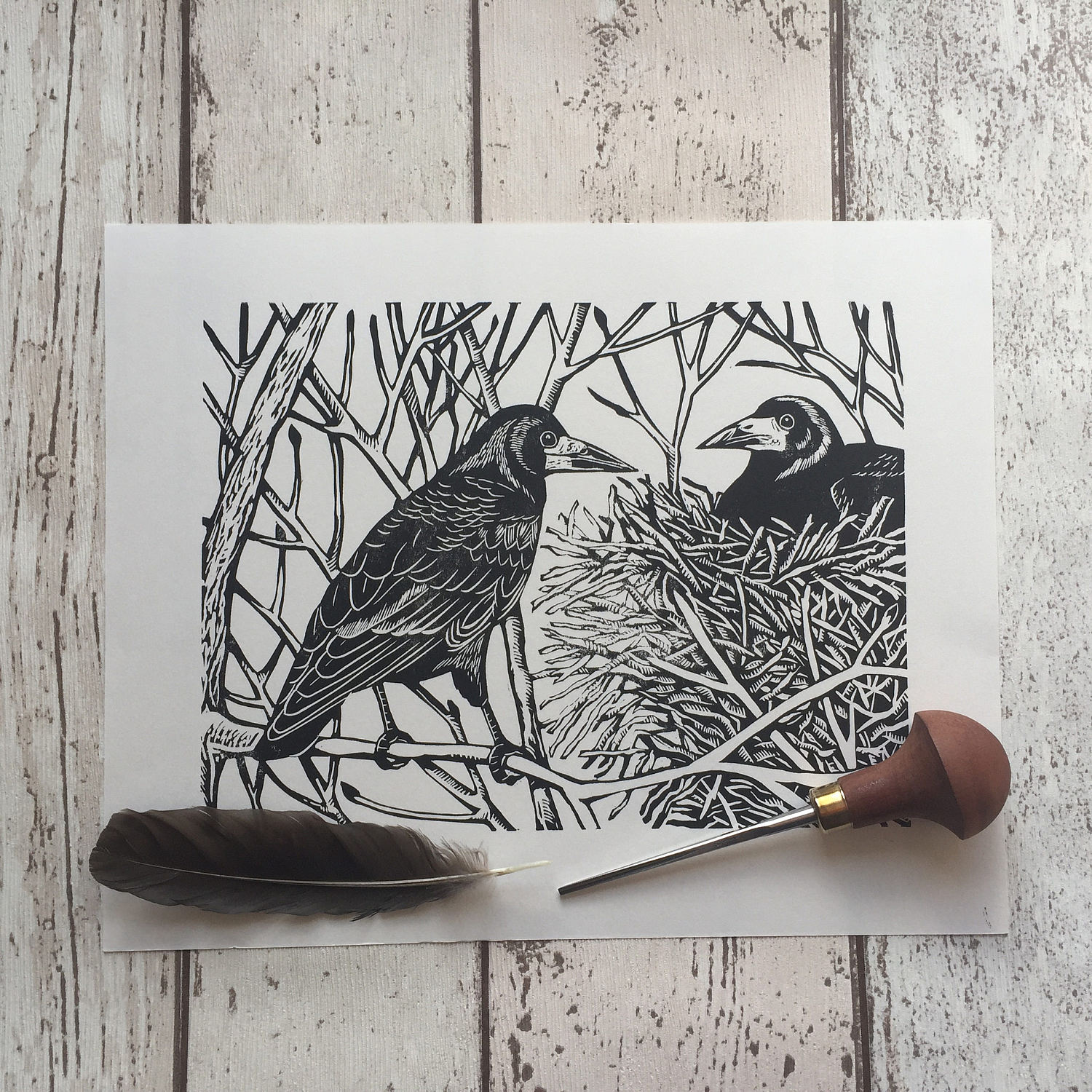 Rook bird linocut print limited edition hand-printed | Etsy
