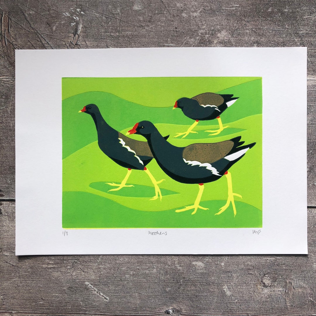 Moorhens Linocut Print | Original Art | Handmade, Limited Edition - Etsy