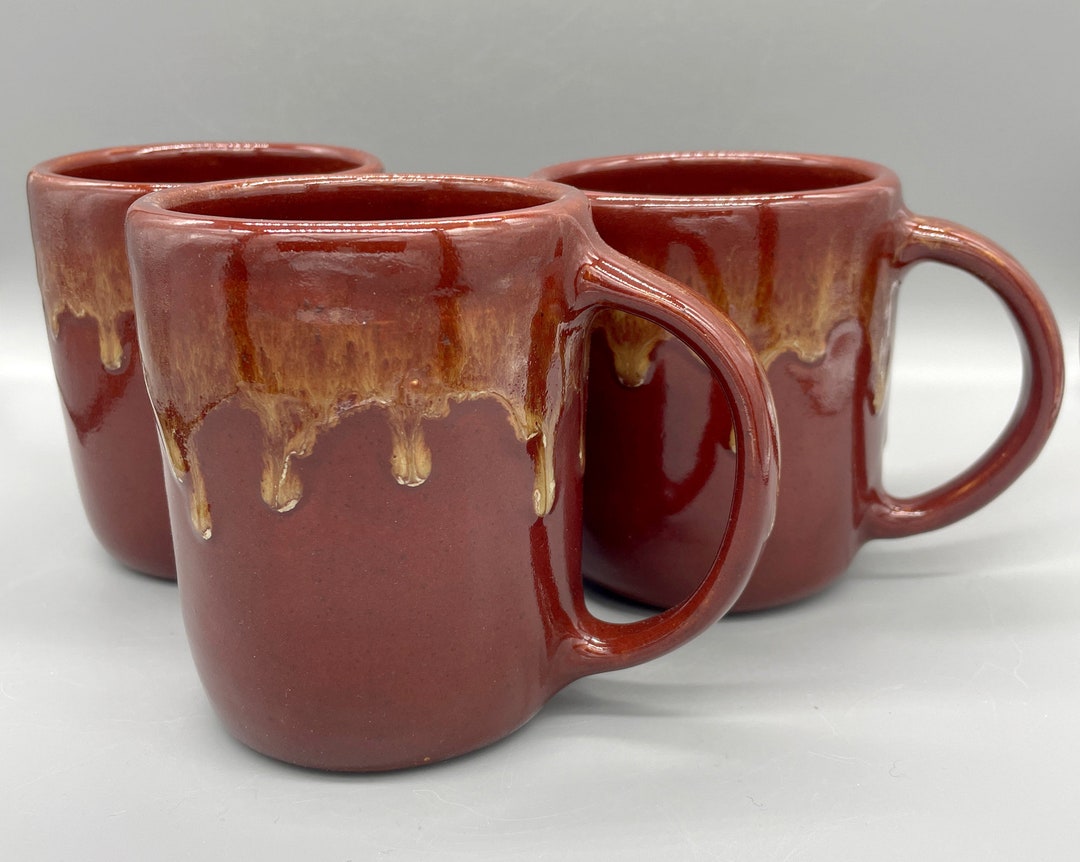 Deep Brick Red 14 Oz. Handmade Stoneware Cups With Golden Drip Glaze ...