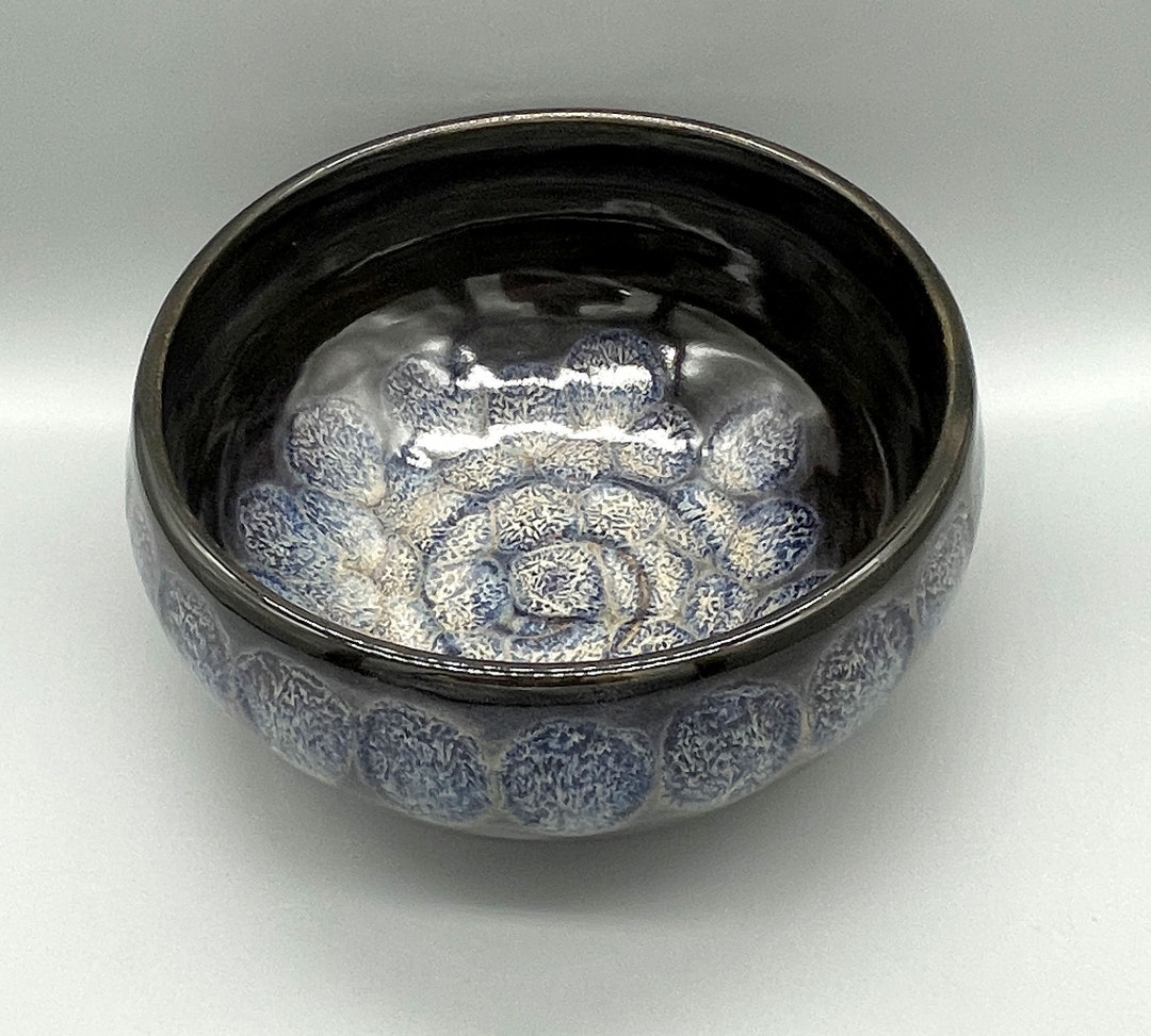 Wheel Thrown 4 Cup Stoneware Dark Bowl With Lovely Blue and White ...