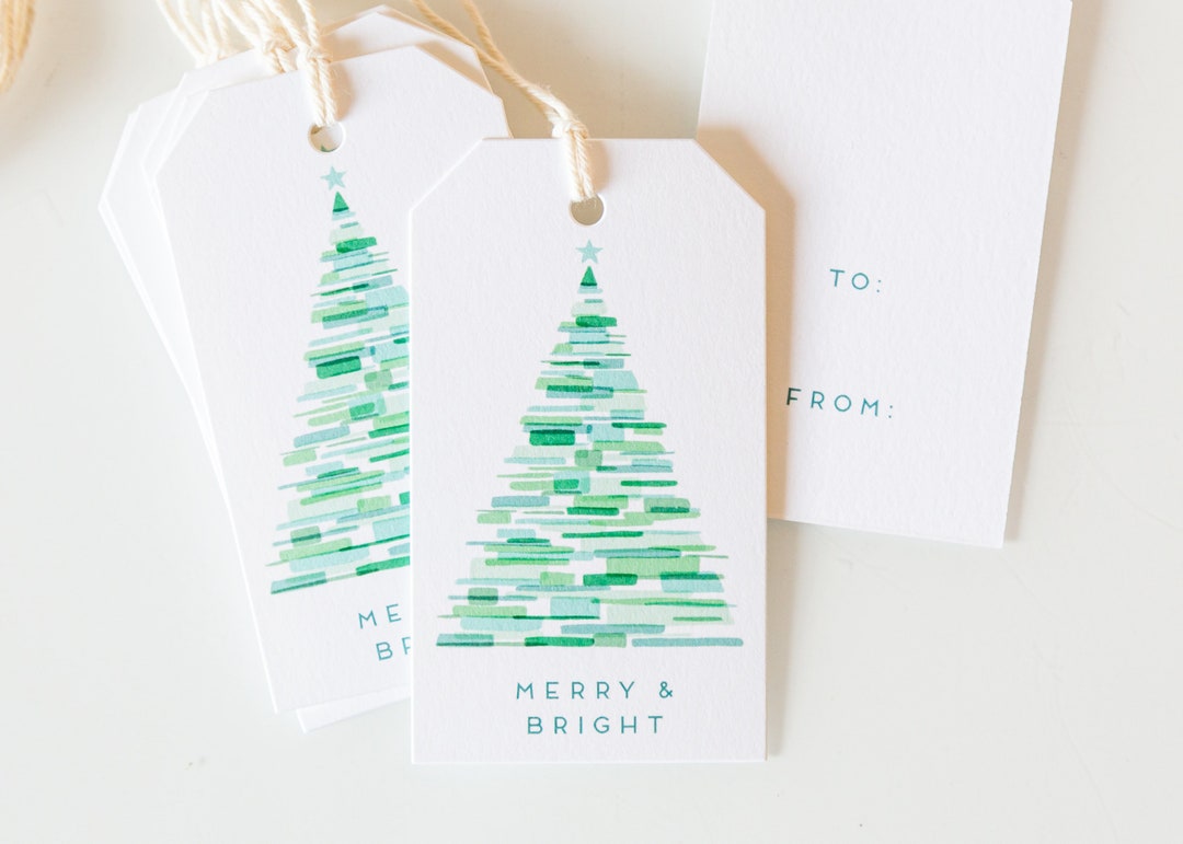 Christmas Gift Tags - Set of 8 - Green Watercolor Tree - Merry & Bright ...