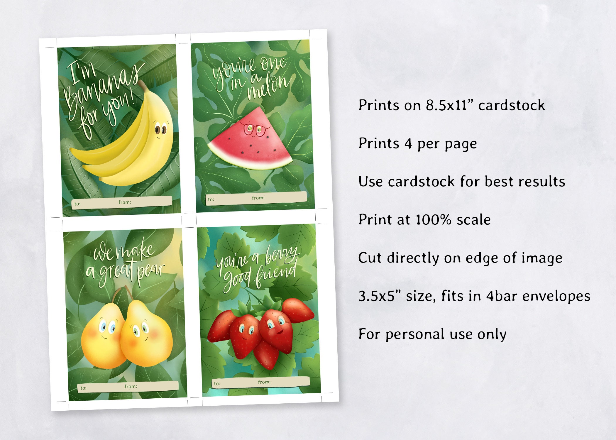 Kid's Printable Valentine's Day Card Set of 4 Fruit - Etsy