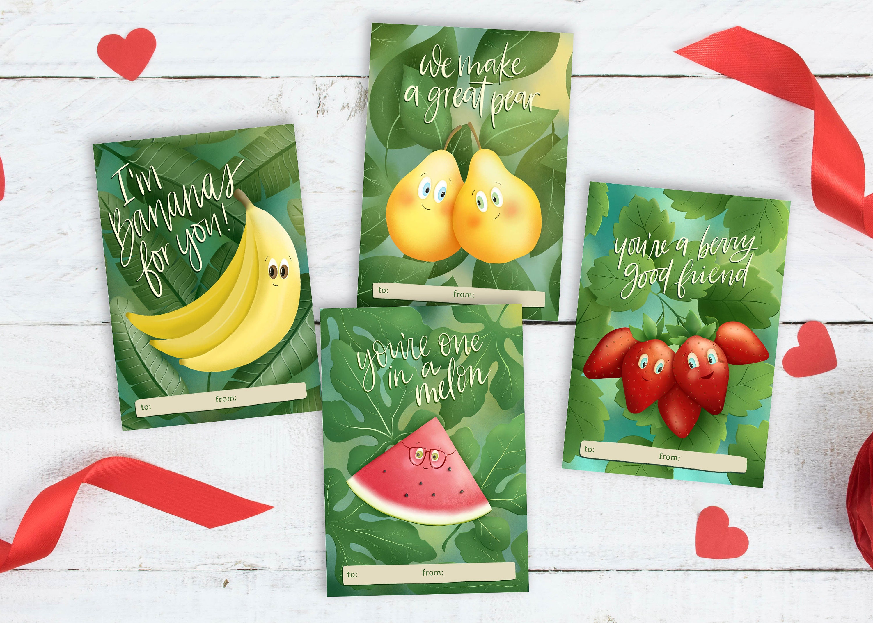 Kid's Printable Valentine's Day Card Set of 4 Fruit - Etsy